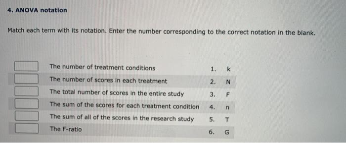 Solved 4. ANOVA notation Match each term with its notation. | Chegg.com