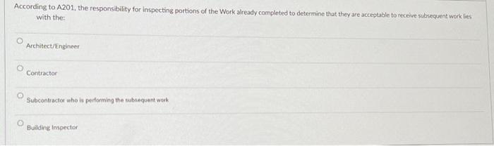 Solved According to A201, the responsibility for inspecting | Chegg.com