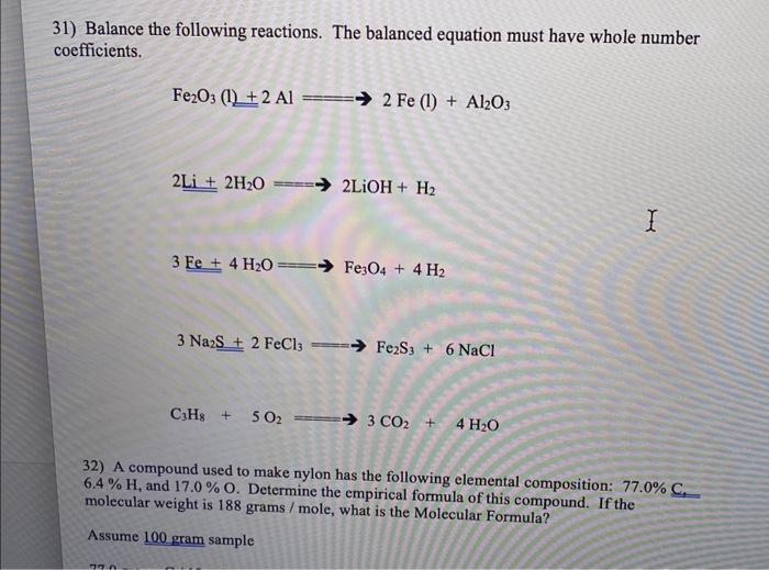 Solved 31) Balance the following reactions. The balanced | Chegg.com