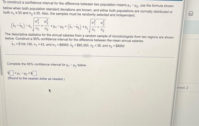 Solved To construct a confidence interval for the difference | Chegg.com