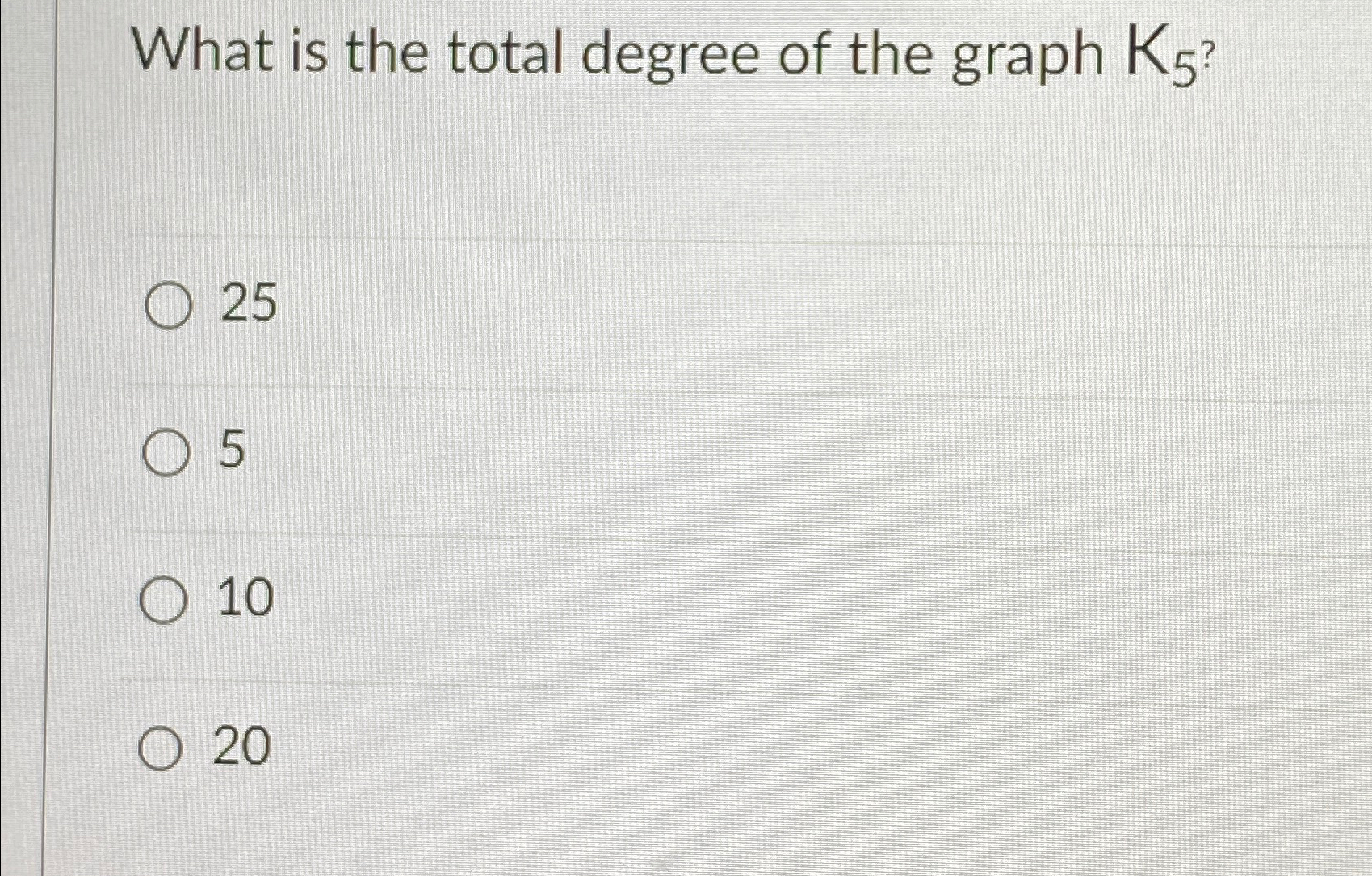 Solved What is the total degree of the graph K5 ?2551020 | Chegg.com
