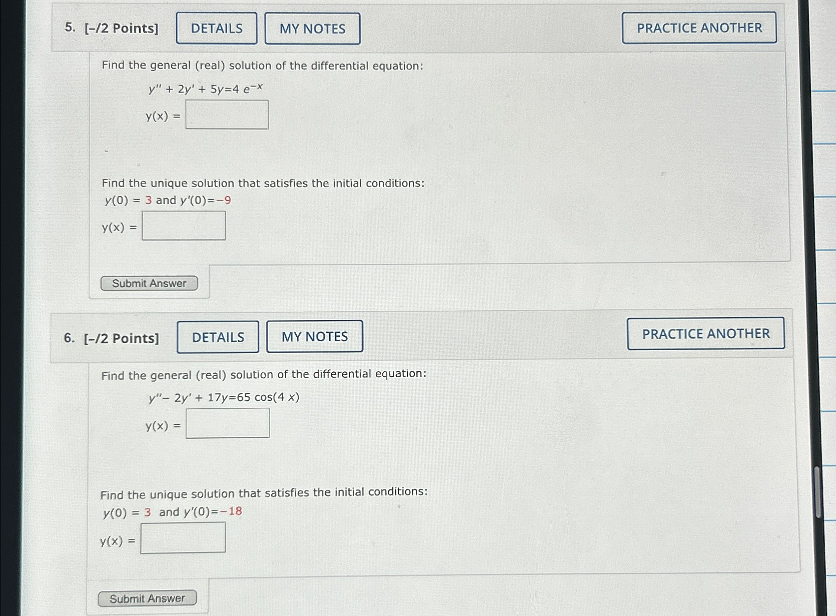 Solved [-/2 ﻿Points]Find the general (real) ﻿solution of the | Chegg.com