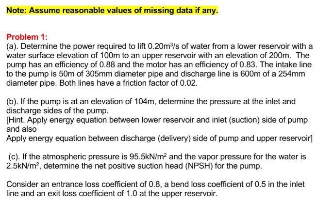 Solved Note: Assume reasonable values of missing data if | Chegg.com
