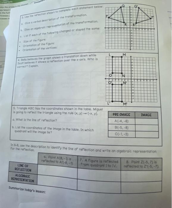 Solved Reflections On The Coordinate Plane A Reflection A