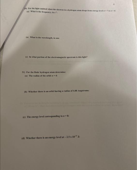 Solved 29) For the light emiticd when the electron in a hy | Chegg.com