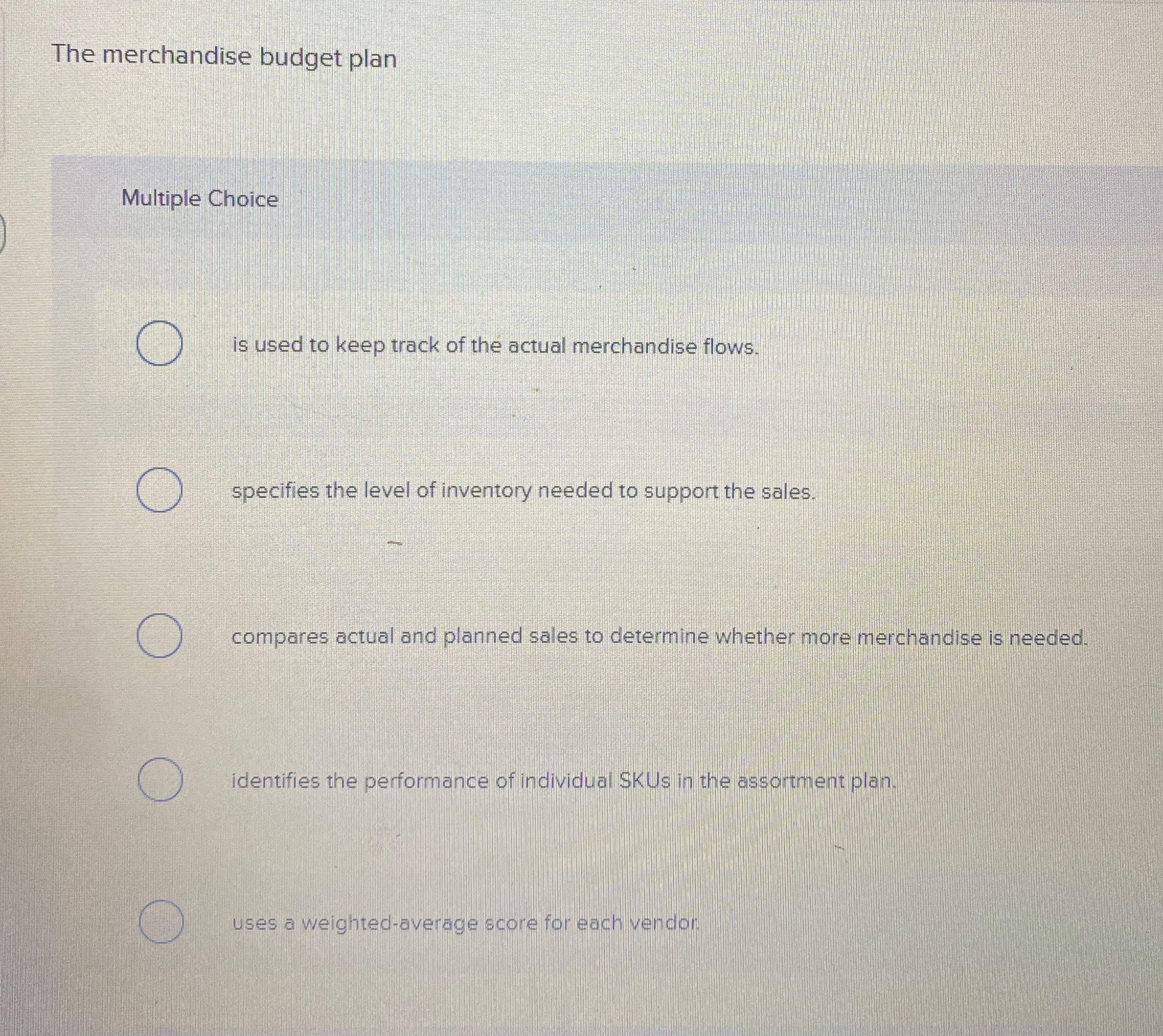 Solved The merchandise budget planMultiple Choice ﻿is used | Chegg.com