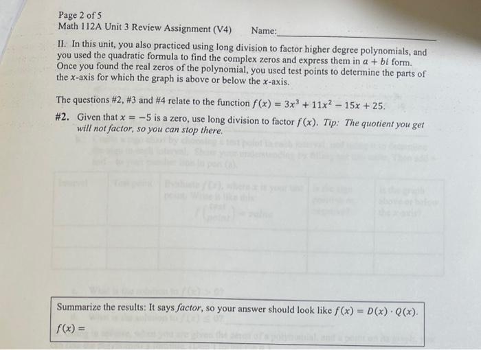 Solved Math 112A Unit 3 Review Assignment (V4) Name: II. In | Chegg.com