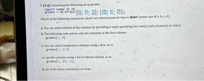 Solved 710 Q2 Assuming The Following Array Grades Import 
