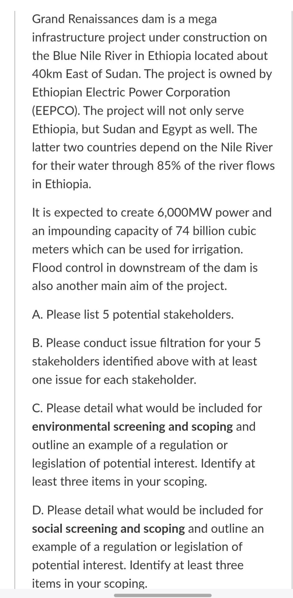 Solved Grand Renaissances dam is a mega infrastructure | Chegg.com