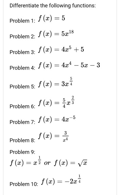 Solved Differentiate the following functions: Problem 1: | Chegg.com
