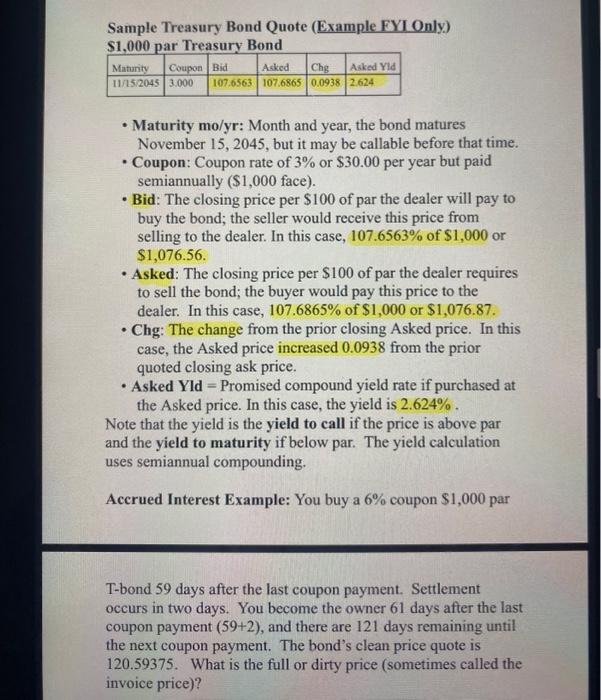 Solved Sample Treasury Bond Quote (Example FYI Only) $1.000 | Chegg.com