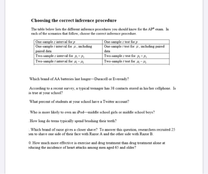 Solved Choosing the correct inference procedure The table | Chegg.com