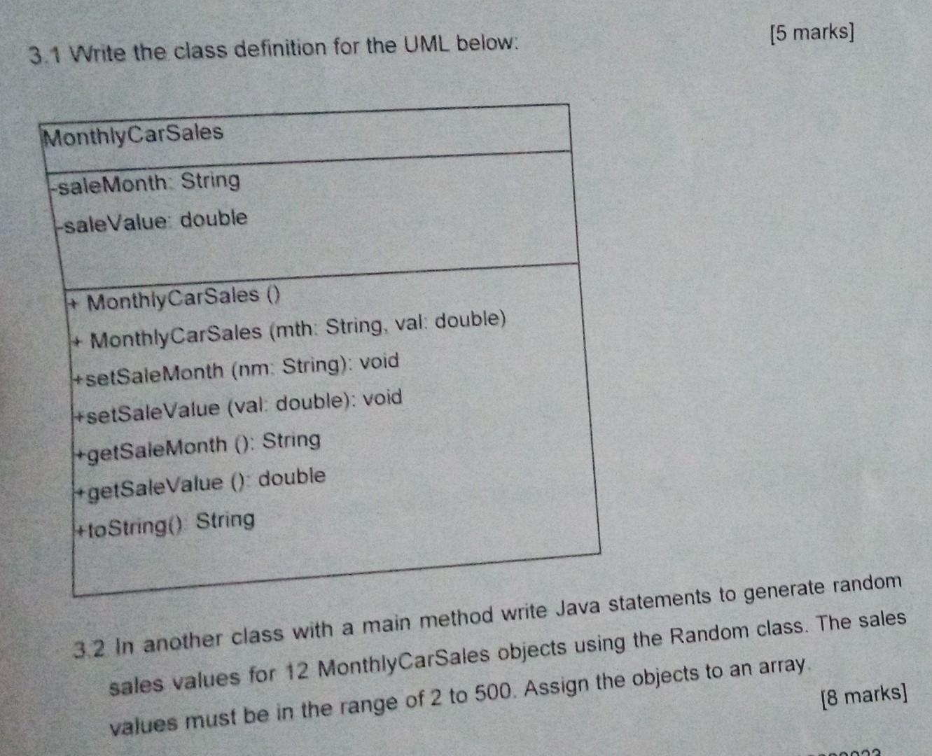 Solved 3.1 Write the class definition for the UML below: [5 | Chegg.com