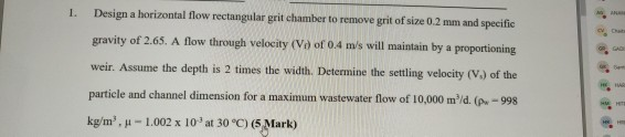 Solved 1. Design a horizontal flow rectangular grit chamber | Chegg.com
