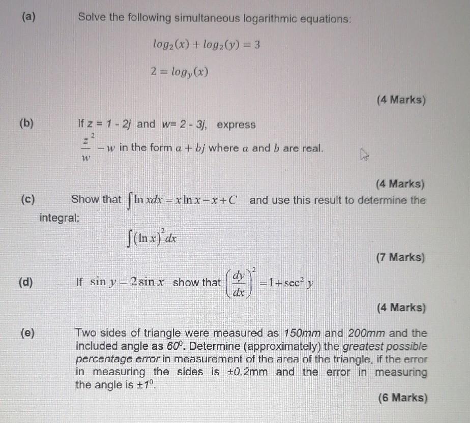 Solved (a) Solve the following simultaneous logarithmic | Chegg.com