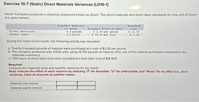 Solved Exercise 10-7 (Static) Direct Materials Variances | Chegg.com