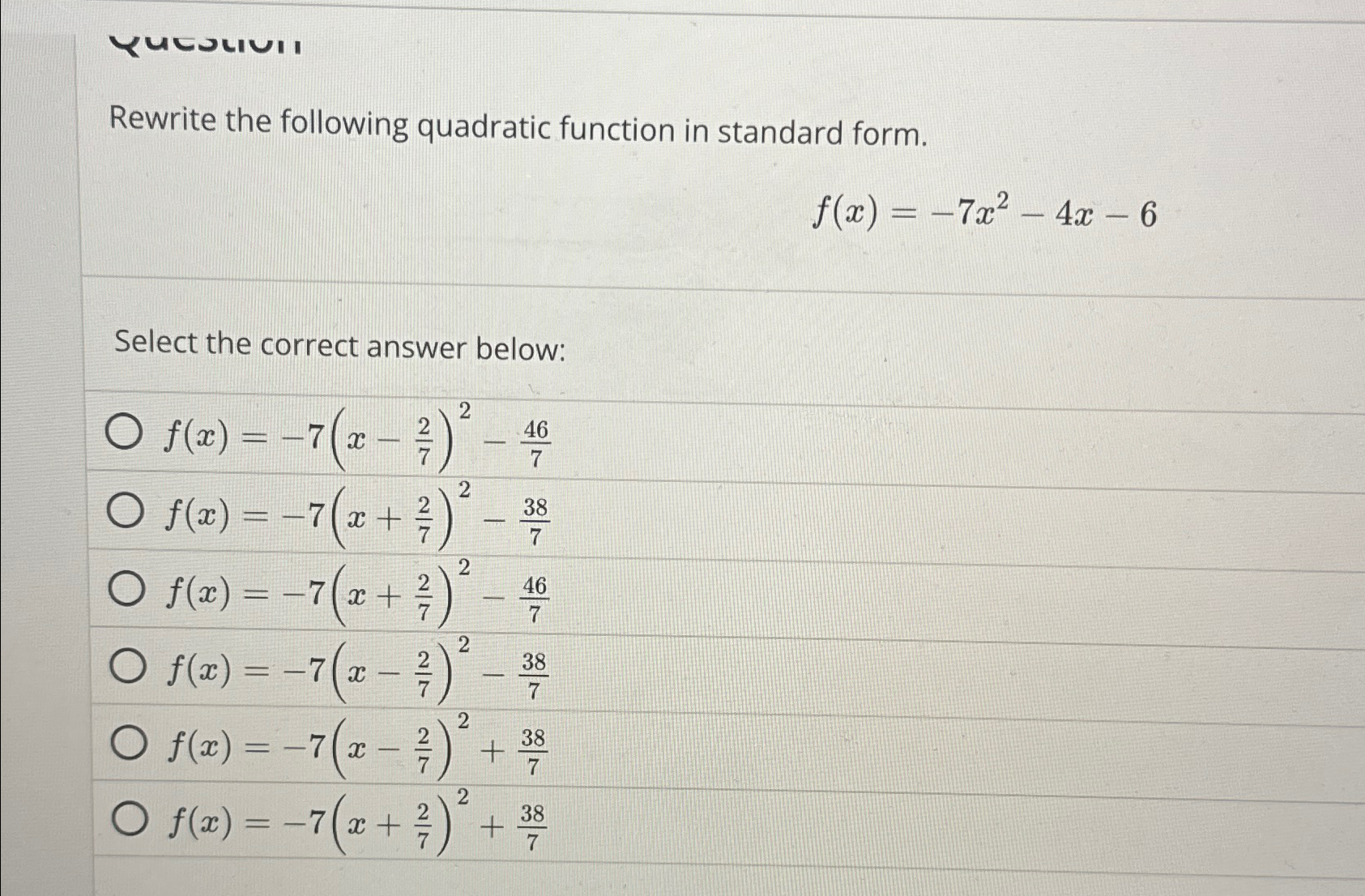 Solved Rewrite the following quadratic function in standard | Chegg.com