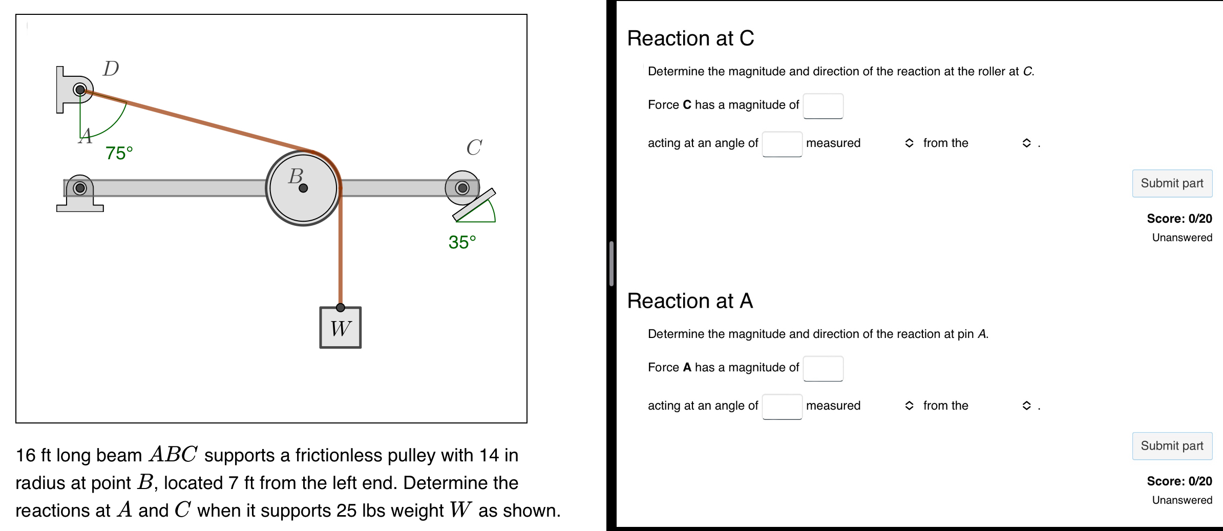 Solved Reaction at CDetermine the magnitude and direction of | Chegg.com