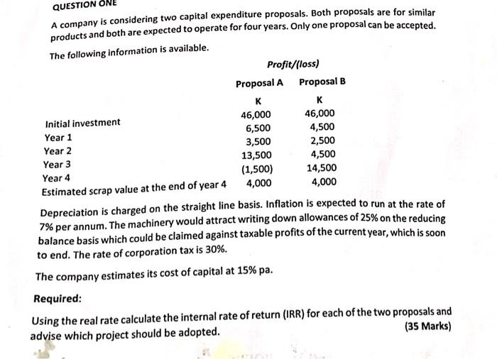 Solved A company is considering two capital expenditure | Chegg.com