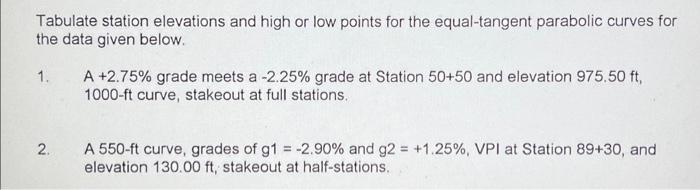 Solved Tabulate station elevations and high or low points | Chegg.com