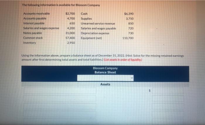 Solved The following information is available for Blossom | Chegg.com