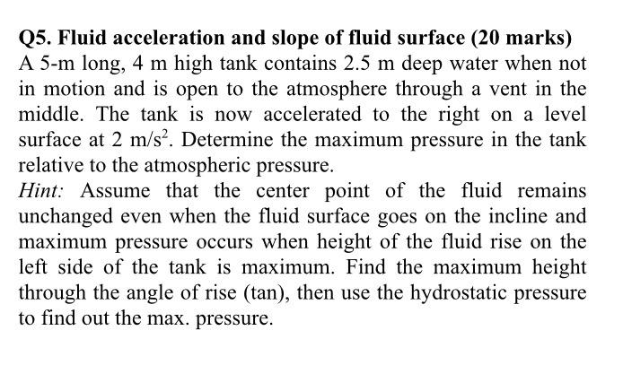 Solved Q5. Fluid acceleration and slope of fluid surface (20 | Chegg.com