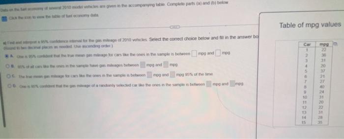 Solved Table of mpg values | Chegg.com
