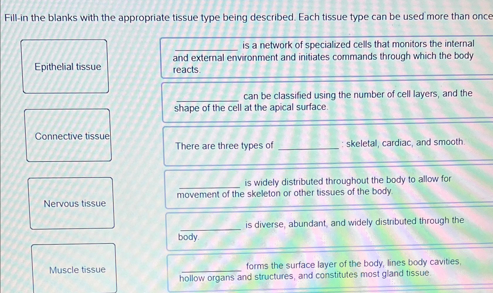 Solved Fill-in the blanks with the appropriate tissue type | Chegg.com