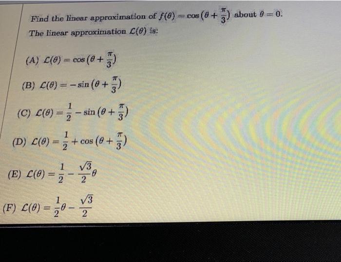 Solved = cos(8+3) about 0=0 Find the linear approximation of | Chegg.com