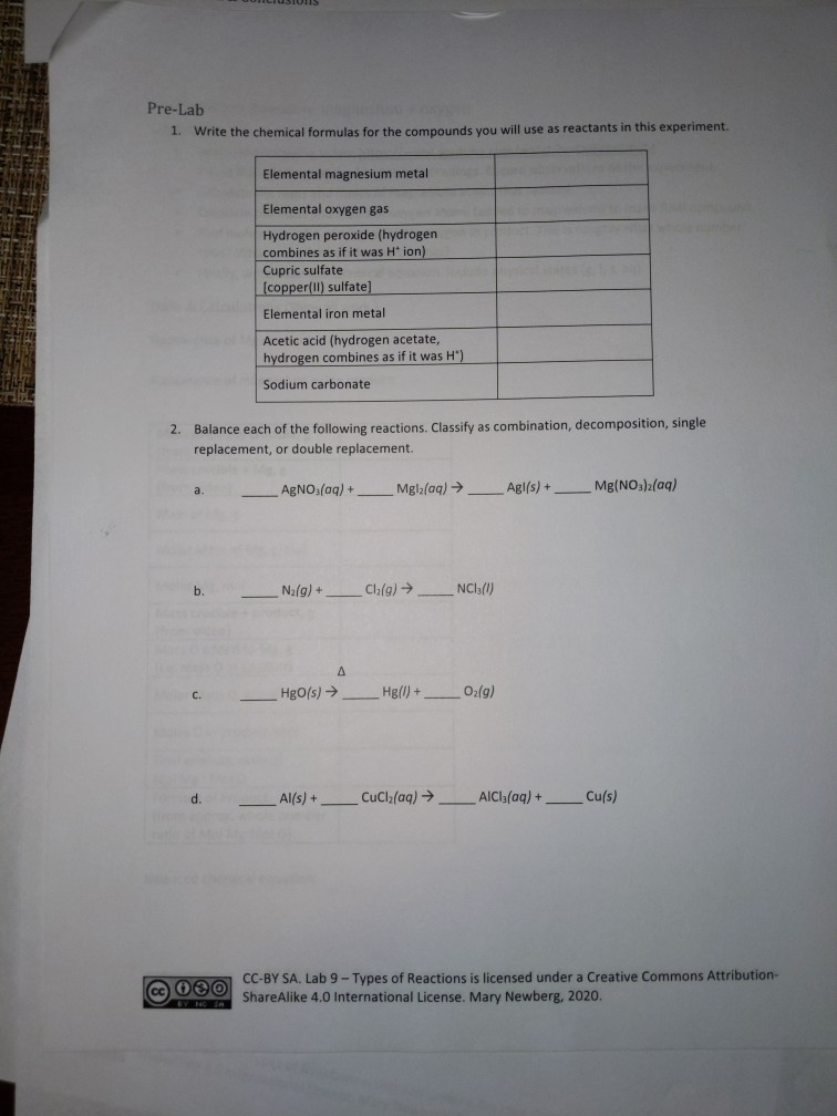 Solved Pre-Lab 1. Write the chemical formulas for the | Chegg.com