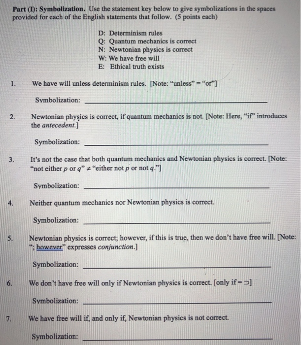 Solved Part (I): Symbolization. Use the statement key below | Chegg.com