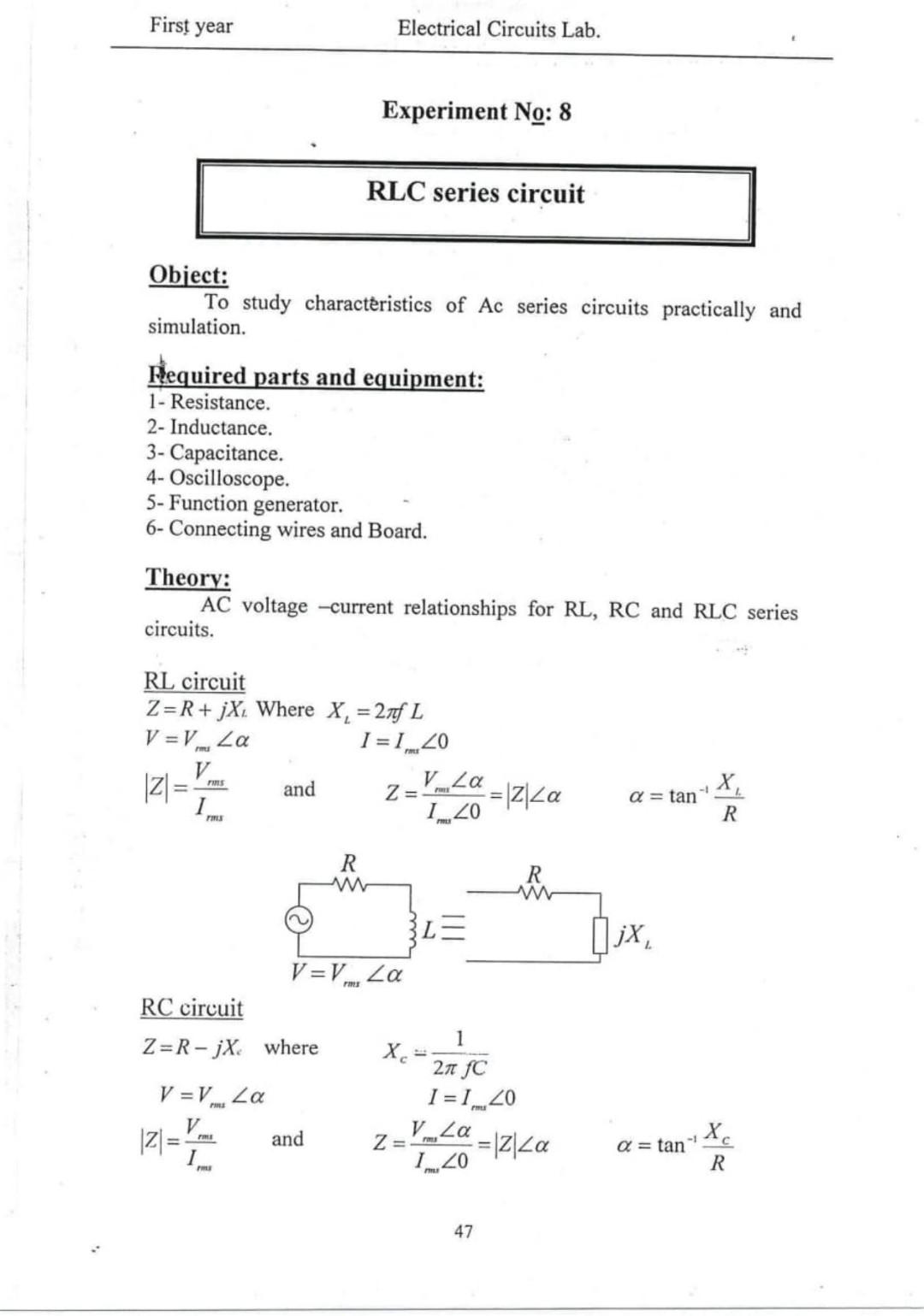 Solved First year Electrical Circuits Lab. Experiment No: 8 | Chegg.com