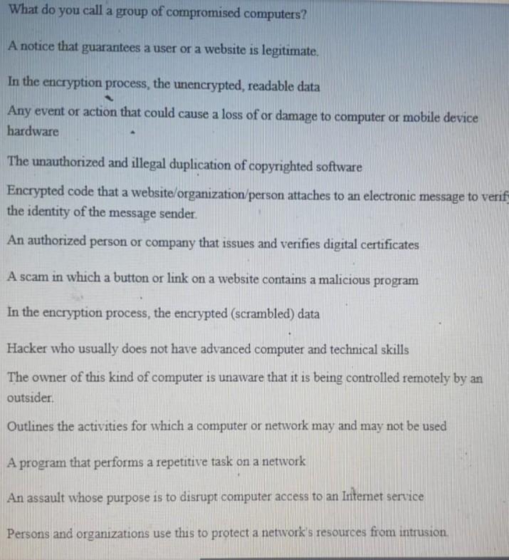 Solved What do you call a group of compromised computers? A | Chegg.com