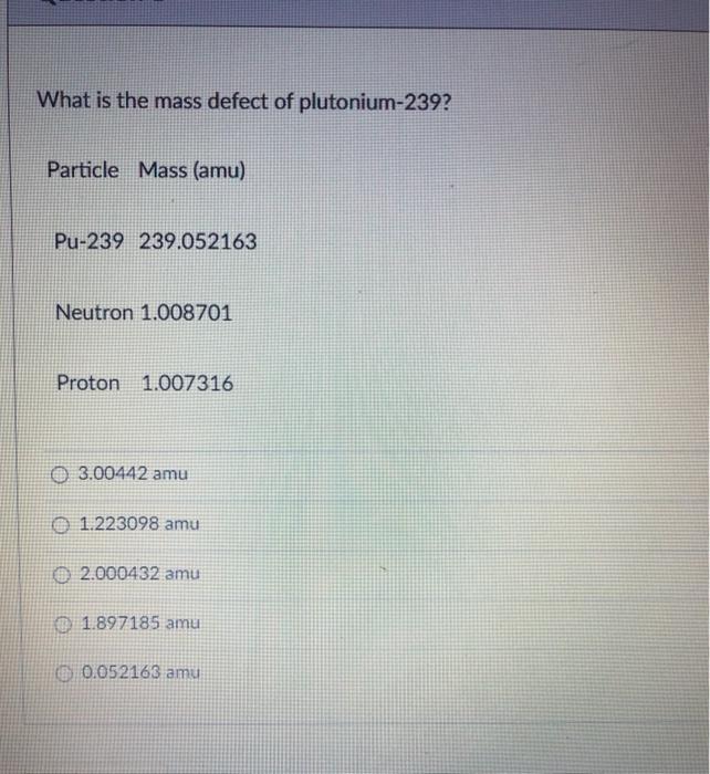 Solved What is the mass defect of plutonium-239? Particle | Chegg.com