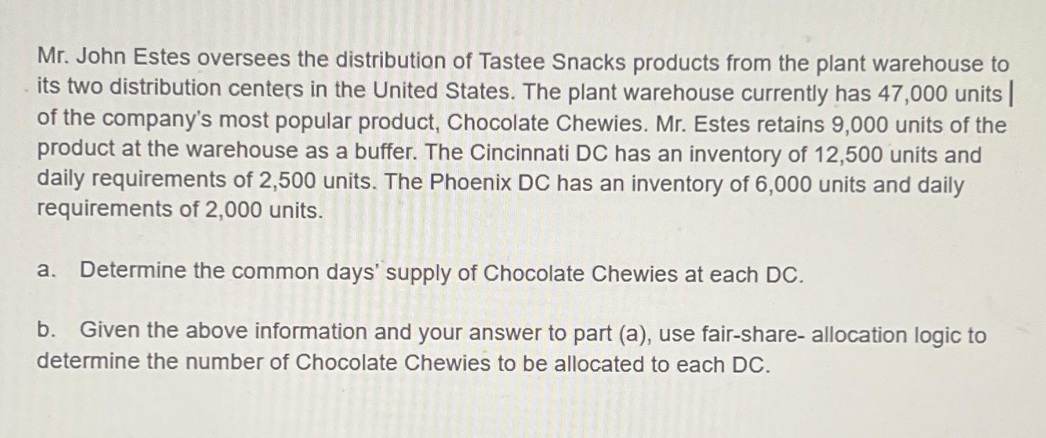 Solved Mr. ﻿John Estes oversees the distribution of Tastee | Chegg.com