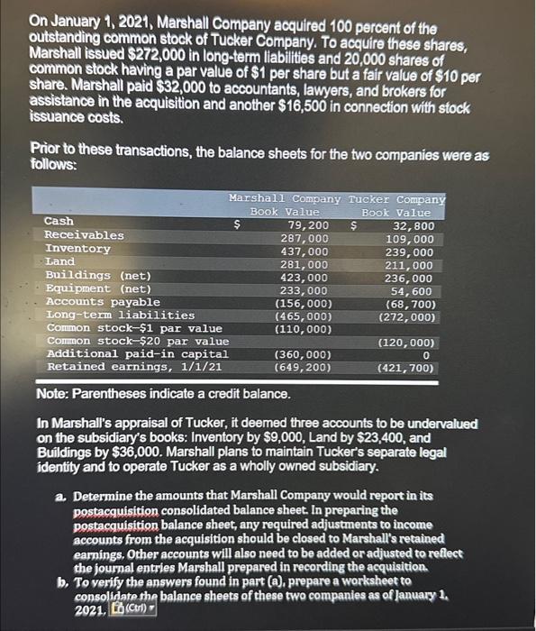Solved On January 1, 2021, Marshall Company acquired 100 | Chegg.com