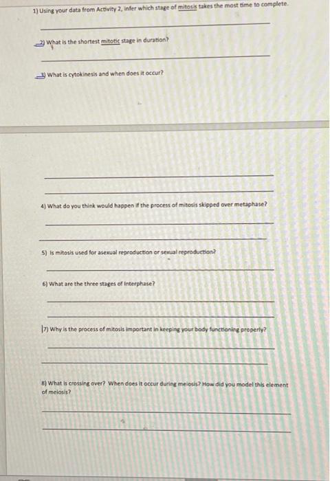 [Solved]: 1) Using your data from Activity 2 , infer which