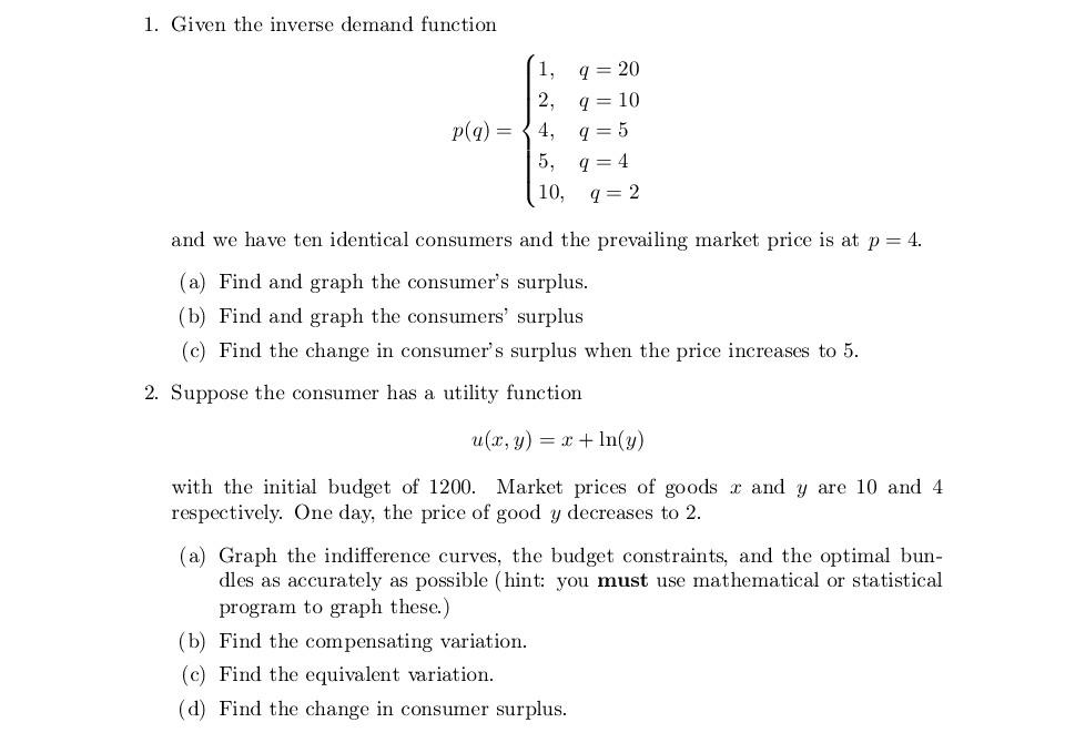 1. Given the inverse demand function | Chegg.com