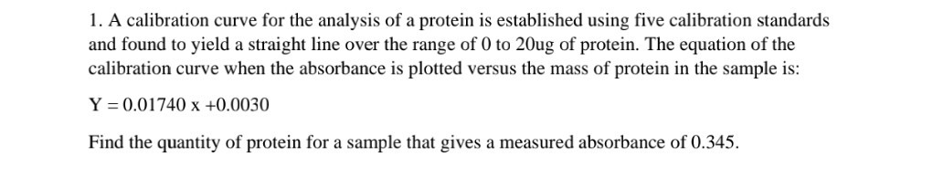 Solved 1. A calibration curve for the analysis of a protein | Chegg.com