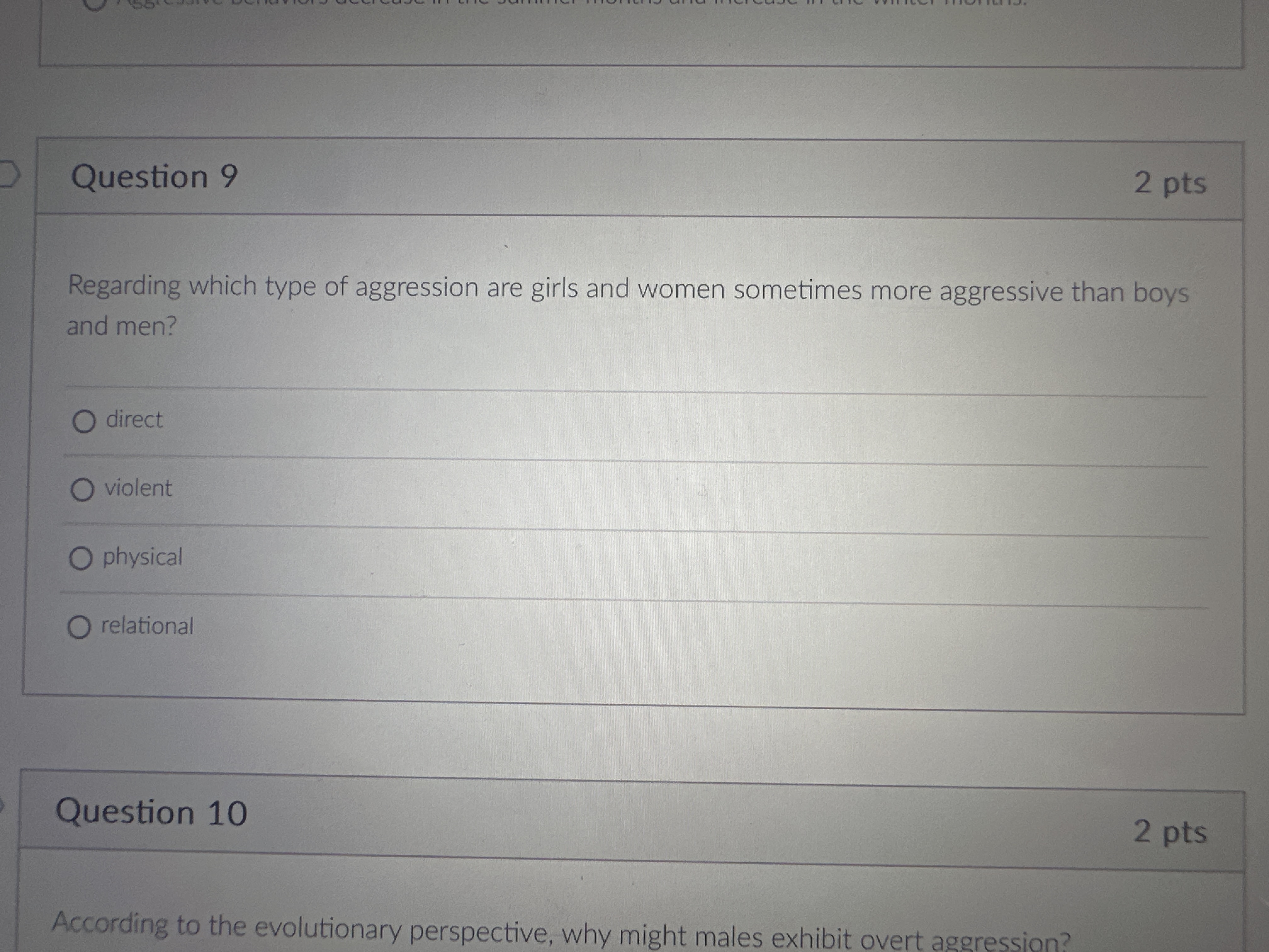 Solved Question 9Regarding which type of aggression are | Chegg.com