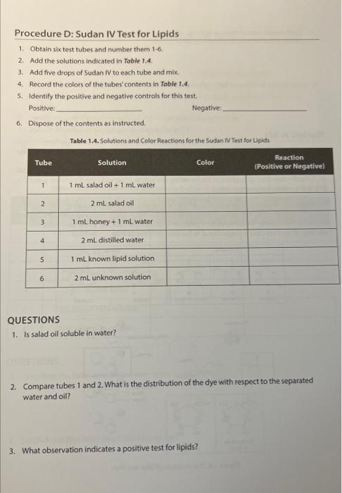 Solved Procedure D: Sudan IV Test for Lipids 1. Obtain six | Chegg.com