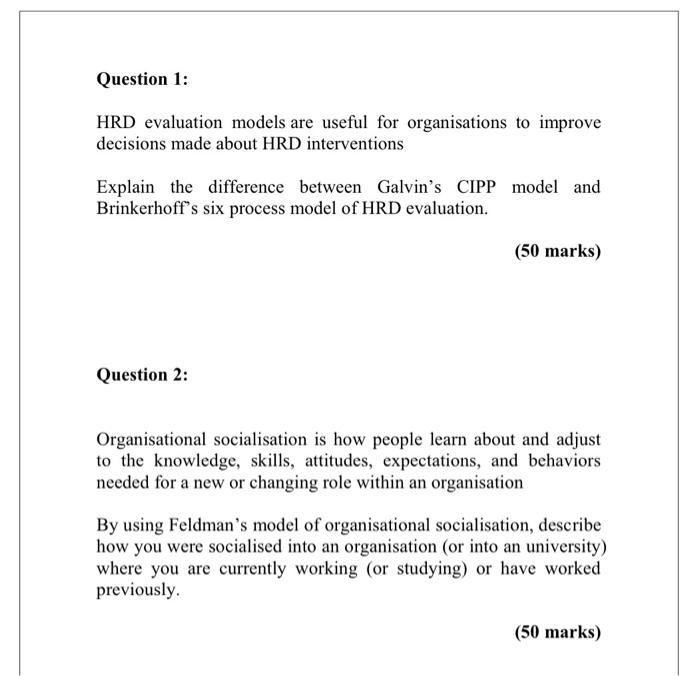 Solved Question 1: HRD evaluation models are useful for | Chegg.com