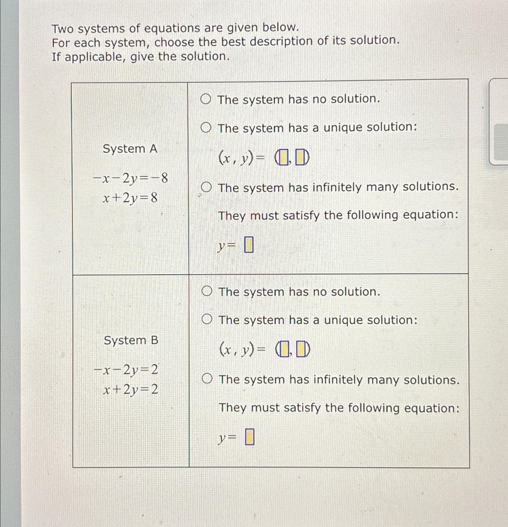 Solved Two systems of equations are given below.For each | Chegg.com