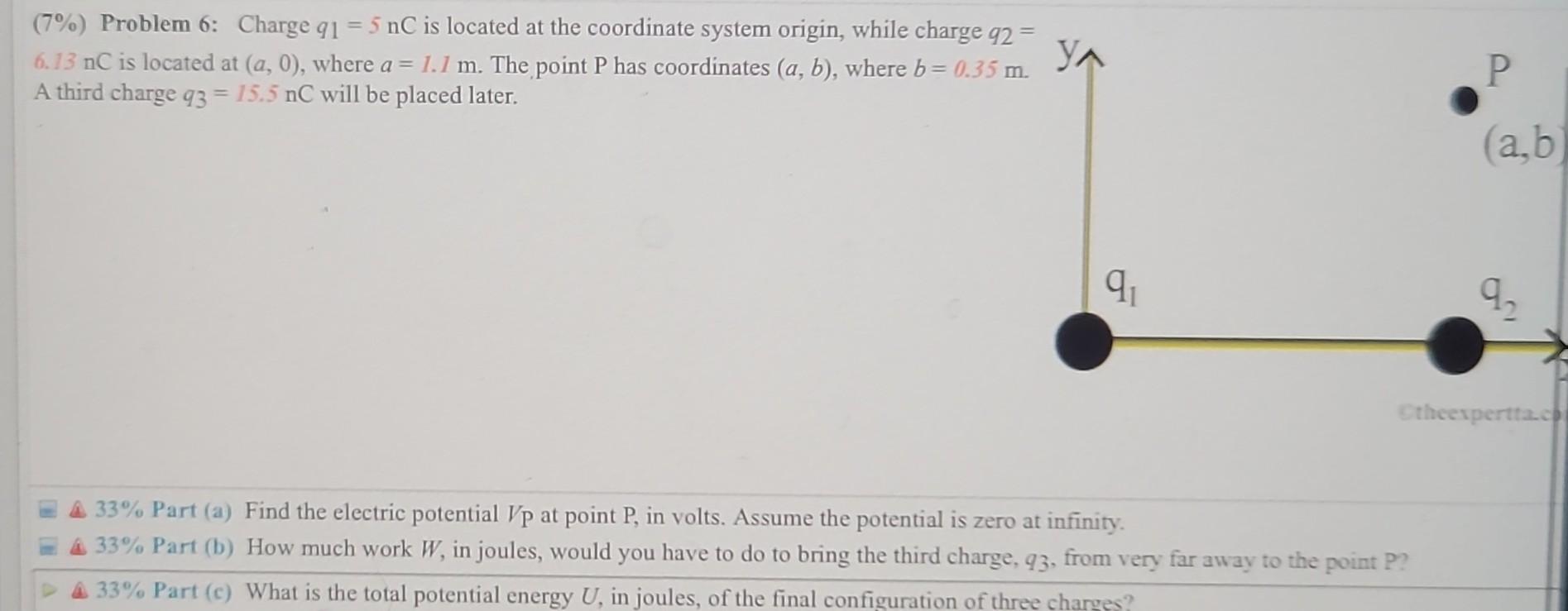 Solved (7\%) Problem 6: Charge q1=5nC is located at the | Chegg.com
