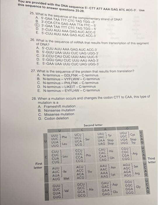Solved You are provided with the DNA sequence 5'- CTT ATT | Chegg.com