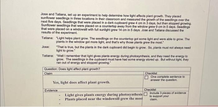 Solved Jose and Tatiana, set up an experiment to help | Chegg.com