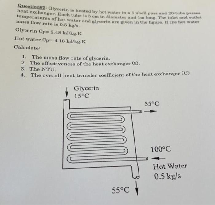 Solved Question#2: Glycerin is heated by hot water in a | Chegg.com