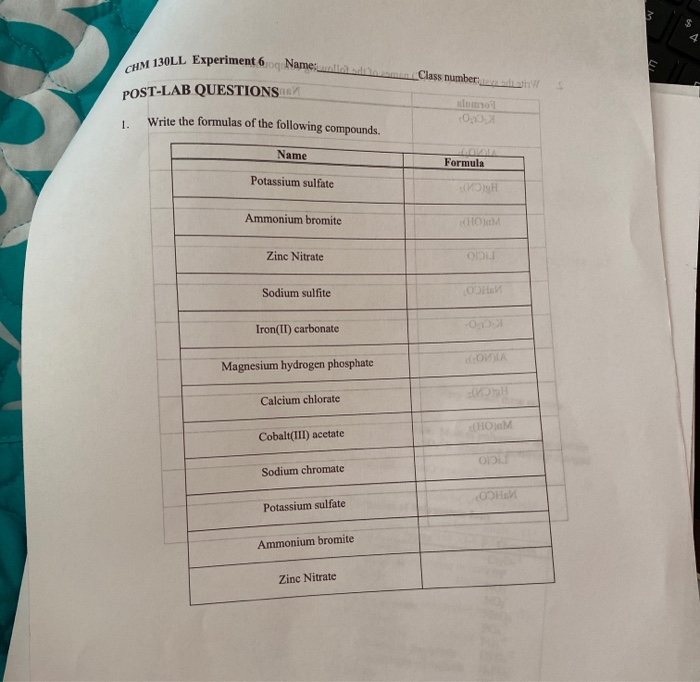Solved CHM 130LL Experiment 6 Name: Class number $ POST-LAB | Chegg.com