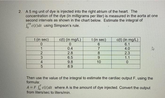 Solved 2. A 5 mg unit of dye is injected into the right | Chegg.com