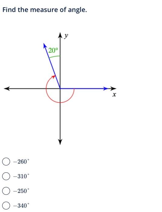 Solved Find the measure of angle. −260∘−310∘−250∘−340∘Find | Chegg.com
